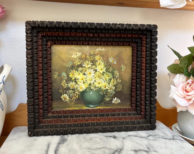 Antique Vintage Beautiful Tramp Art Frame With a Floral Oil Painting ...