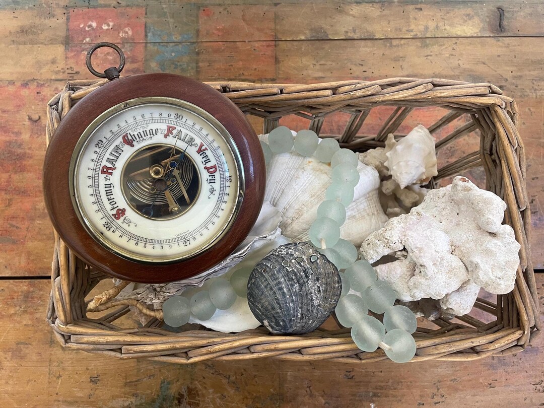 Vintage German Thermometer Barometer Maritime Wood Brass Beveled Glass ...