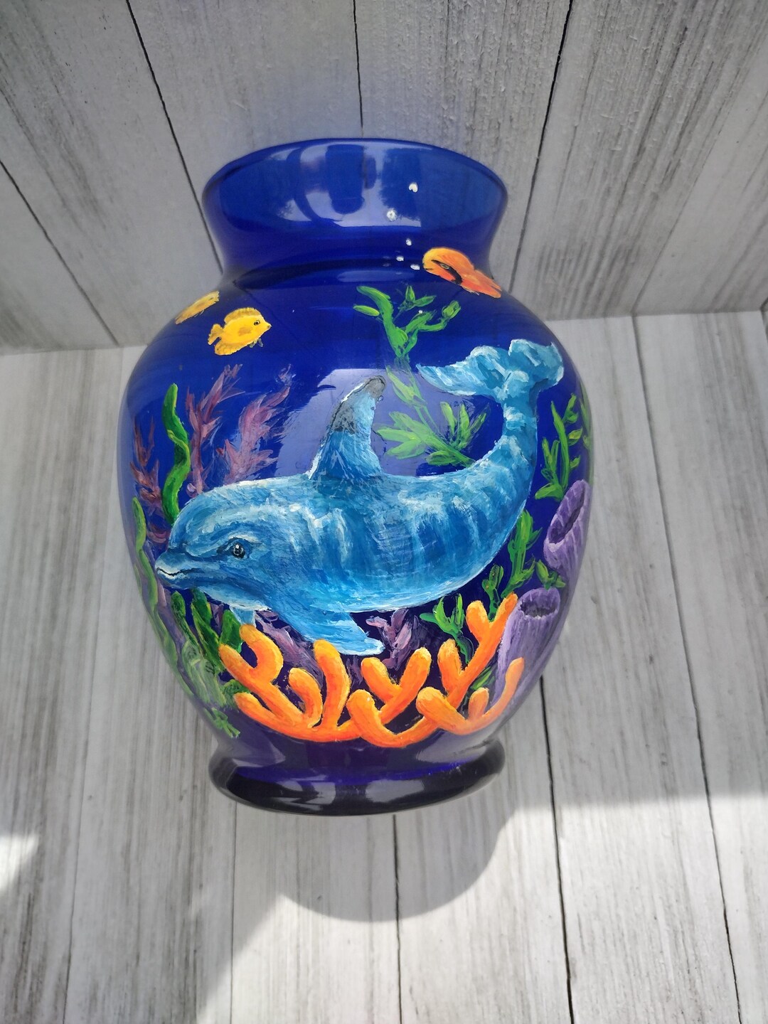 Underwater Ocean Scene With Dolphin Hand-painted on Blue Vase - Etsy