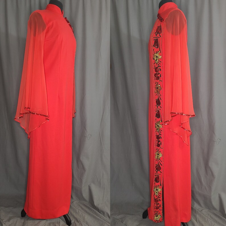 1970s Albert Sheehan Cheongsam Dress in Coral Red With Red and Gold ...