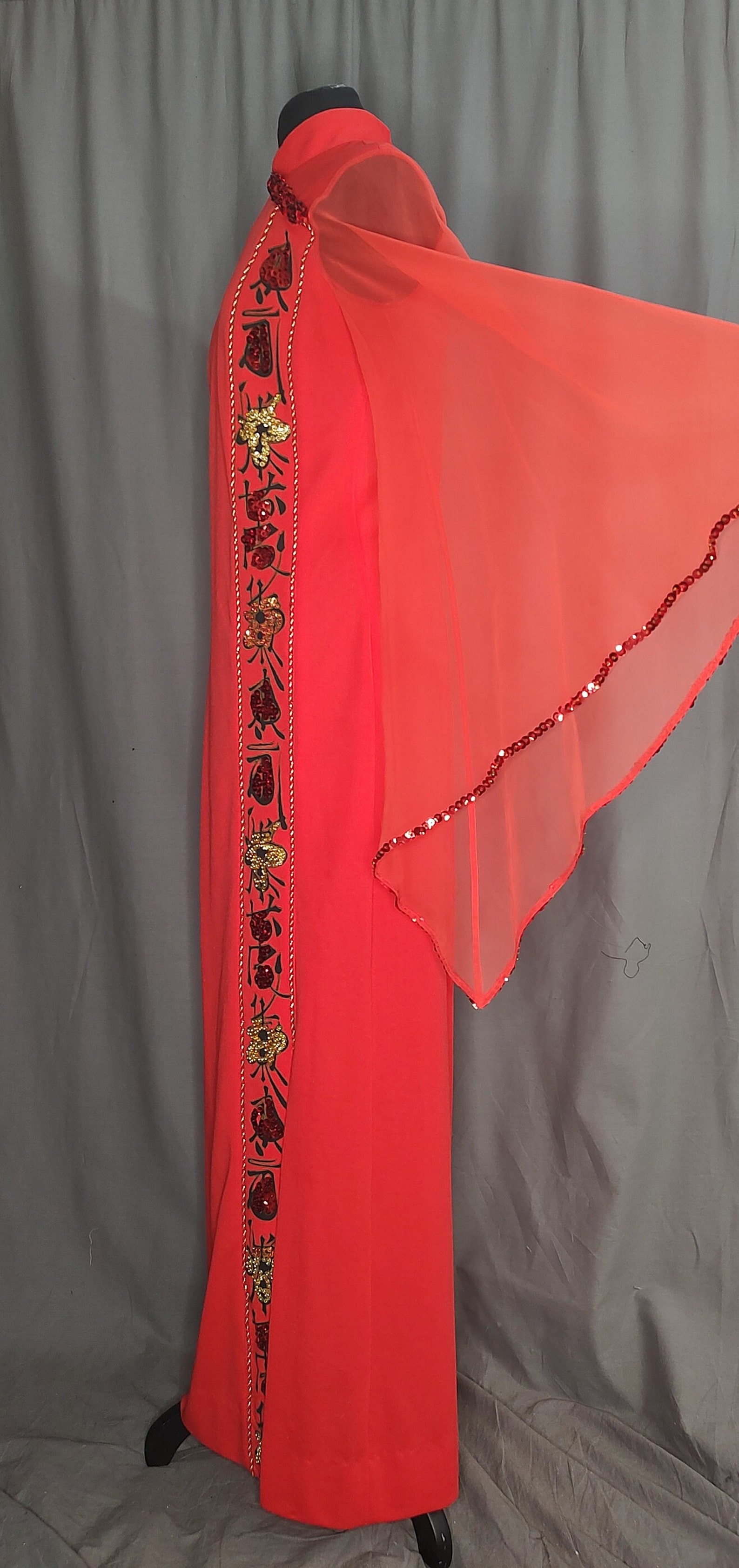 1970s Albert Sheehan Cheongsam Dress in Coral Red With Red and Gold ...