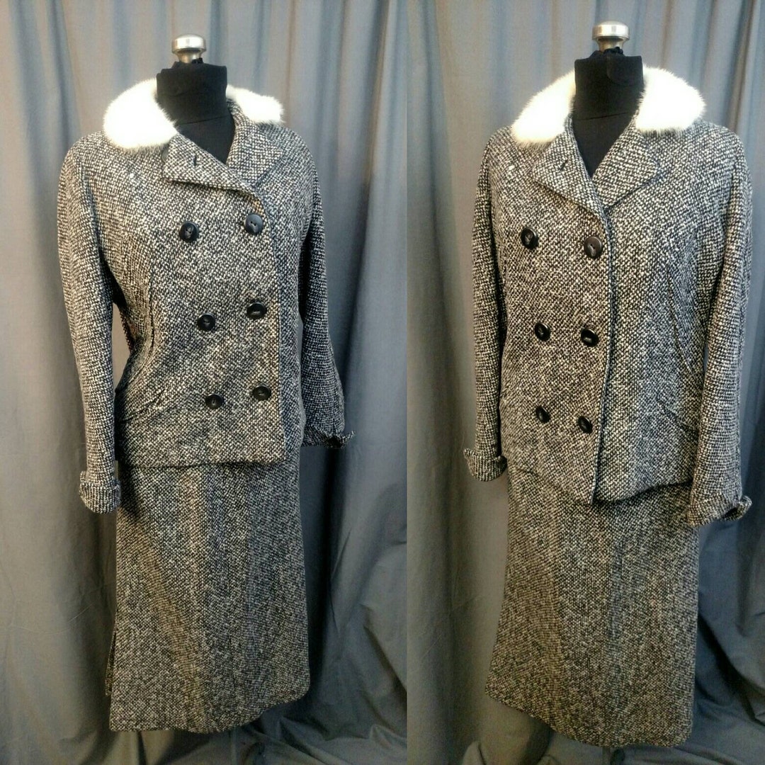 Dan Millstein Wool Tweed Skirt Suit With White Mink Trim Collar - Etsy