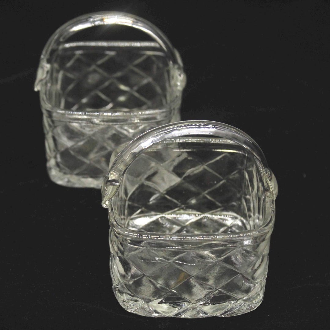 Vintage Diamond Pattern Baskets Square Glass Textured Clear With Handle ...