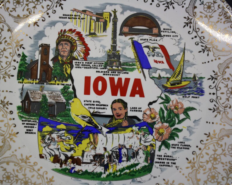 Vintage Iowa State Souvenir Plate with Gold Filigree Scroll | Etsy
