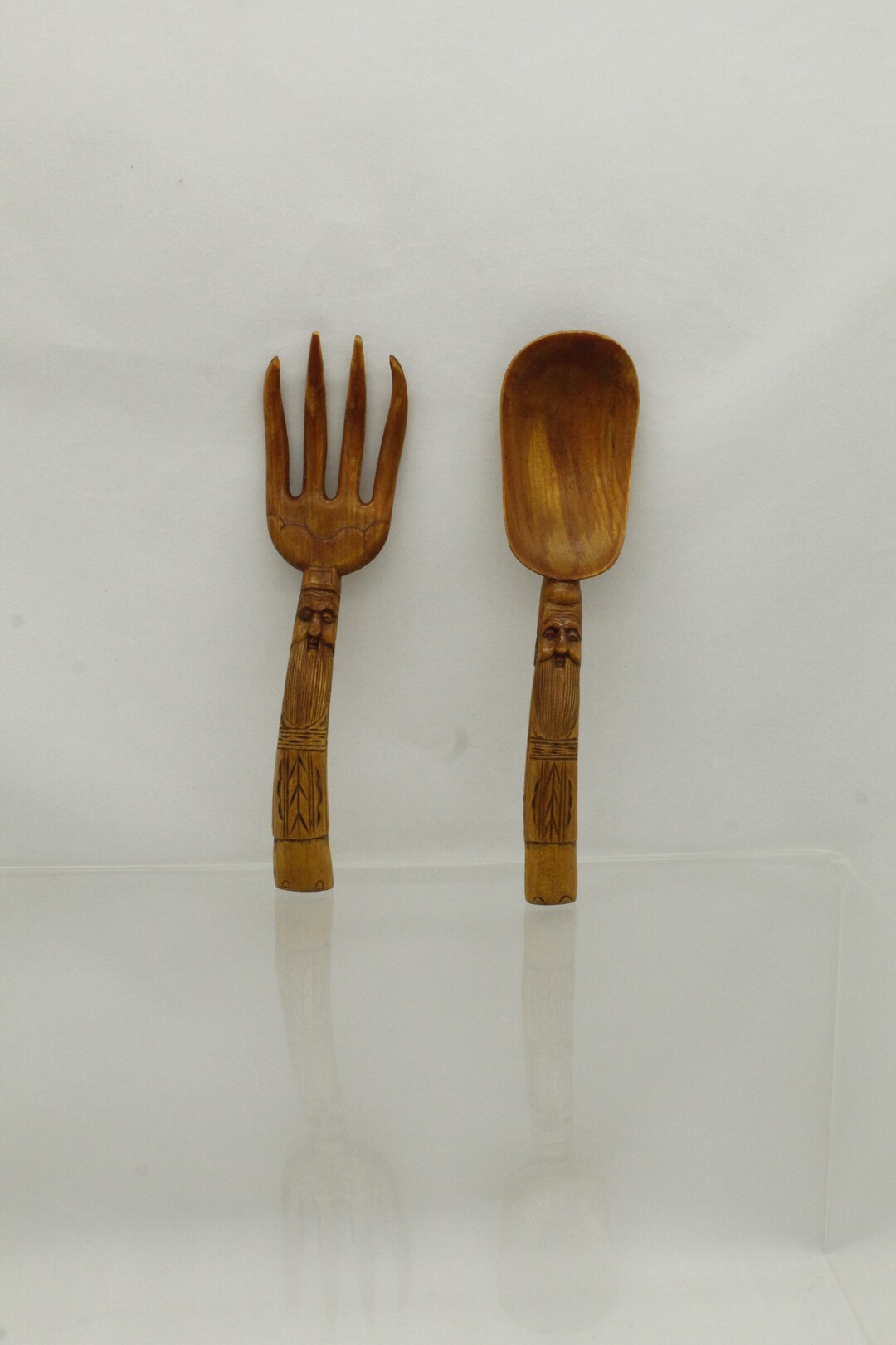 Vintage Bearded Man's Face Hand Carved Wooden Small Serving Set Spoon ...