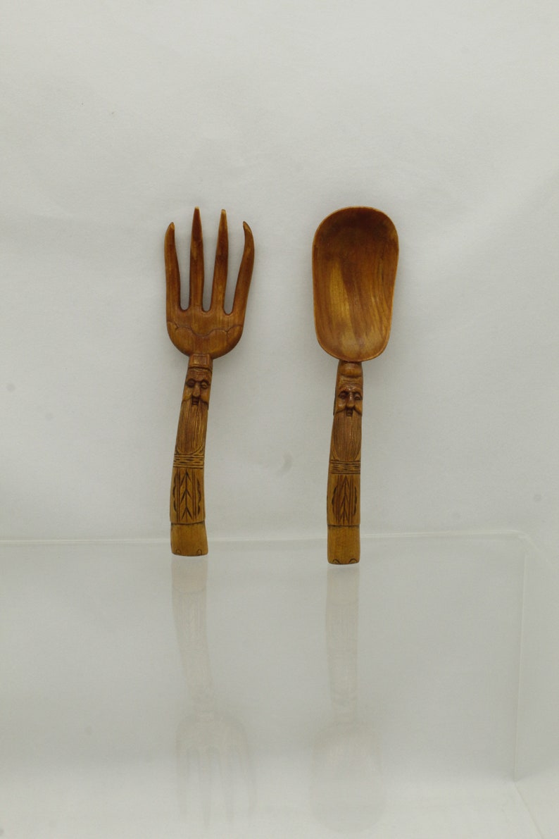 Vintage Bearded Man's Face Hand Carved Wooden Small Serving Set Spoon ...