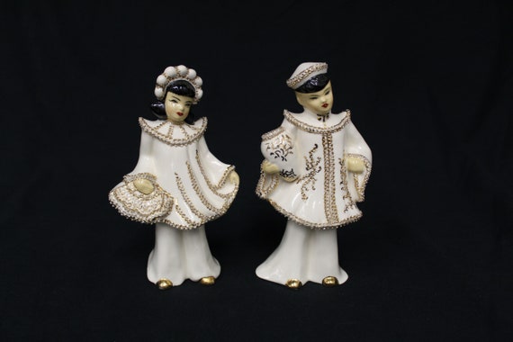 Vintage Ceramic Gold Detailed Asian Figurines Set of Two - Etsy