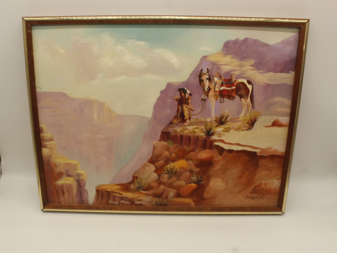 Vintage Native and Horse Original Oil Painting in Wood Frame C.scoggin ...