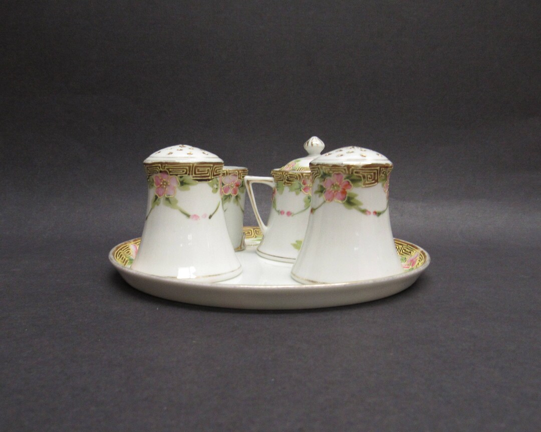Vintage Antique Nippon Pink and Gold Floral Condiment Seven Set Pieces ...