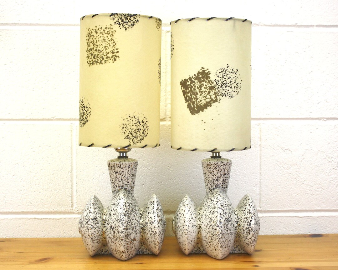 Vintage Atomic Splatter Glazed Ceramic Bedside Lamps With Shades, Set ...