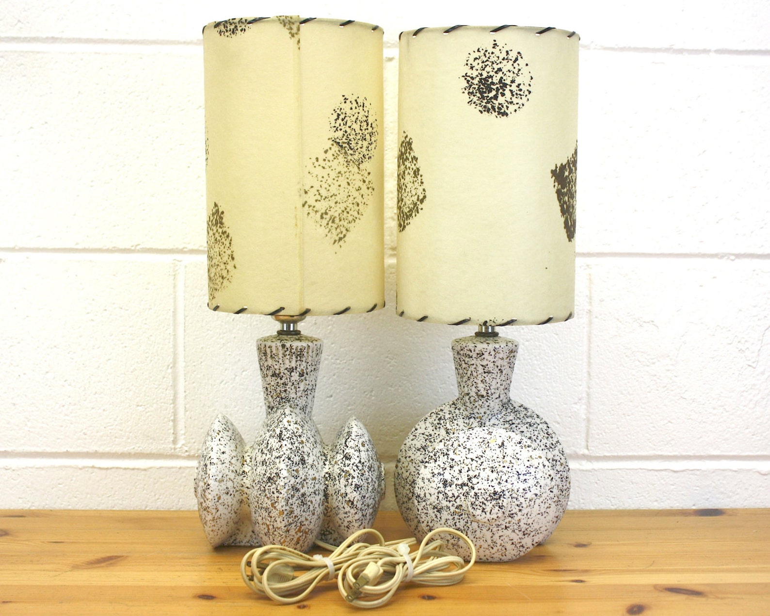 Vintage Atomic Splatter Glazed Ceramic Bedside Lamps With Shades, Set ...