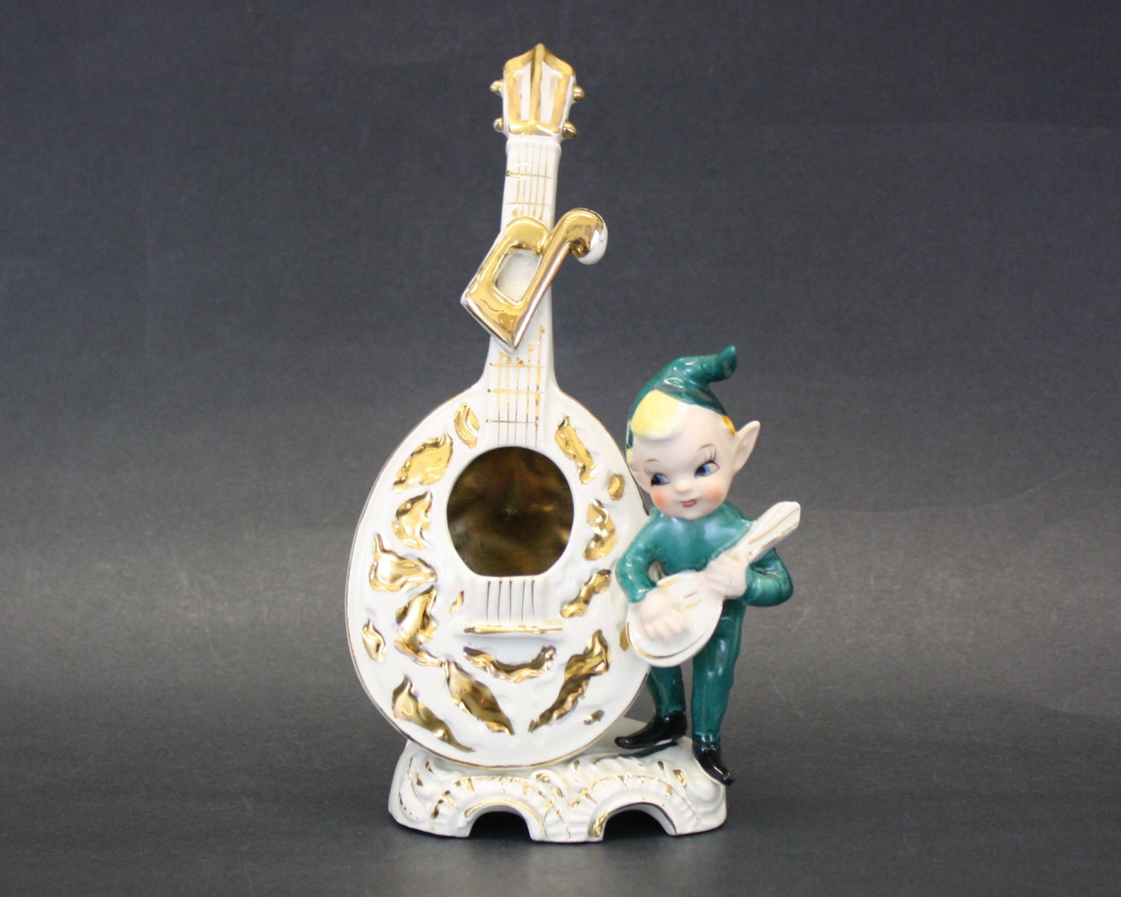 Vintage Kitsch Elf With Lute Figural Vase E8376 | Etsy