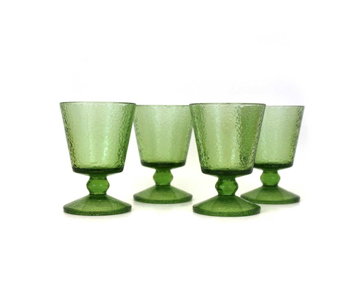 Vintage Mid Mod Green Glass Goblets With Pebbled Texture Set - Etsy
