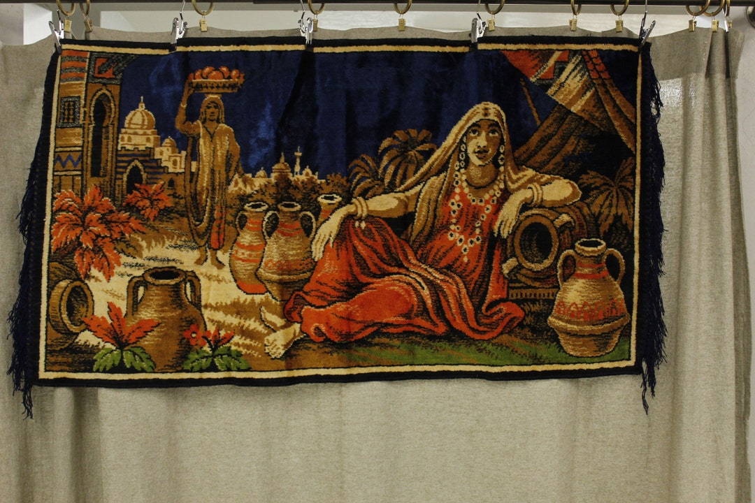 Vintage Middle Eastern Woman and Jugs Tapestry With Fringe Edges (V9247 ...