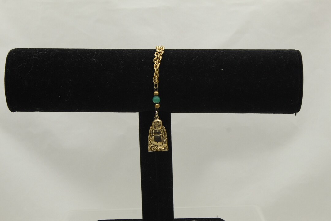 Vintage Goldtone Happy Buddha and Chain Links Necklace With Blue Bead ...