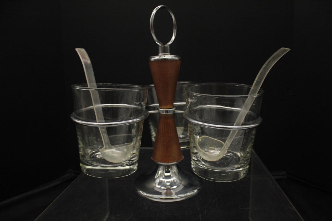 Vintage Shelton Ware NYC Sauce Three Glass Carousel Wood Metal (S1370 ...