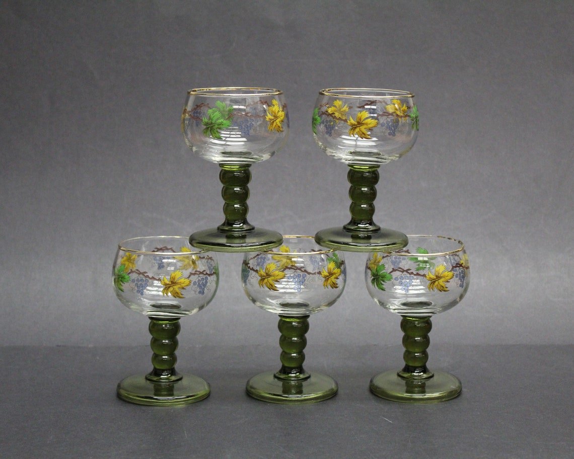Vintage Grape Vine Painted Wine Glasses With Green Spiral Stems, Set of ...