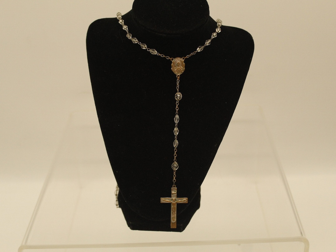 Vintage Necklace Rosemary Clear Glass Beads & Cross With Christ (V10303 ...
