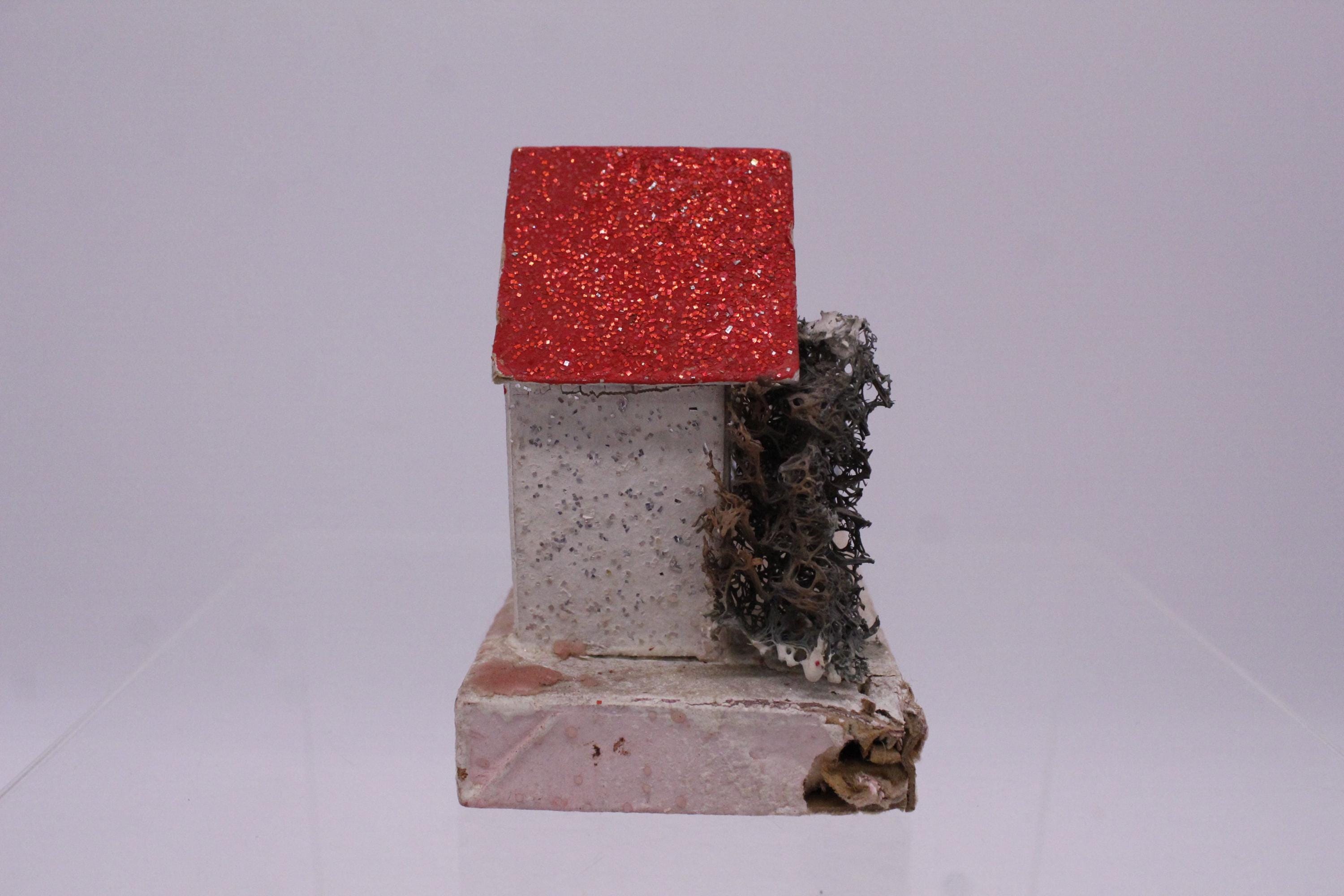 Vintage Putz House Red Double Roof 1940's Japan Tree and Bush Glitter ...