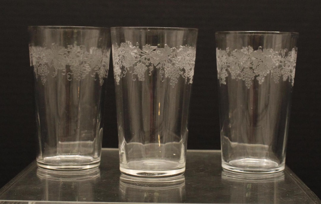 Vintage HC Fry Antique Etched Grapes Oplic Panels Juice Glasses Set of ...