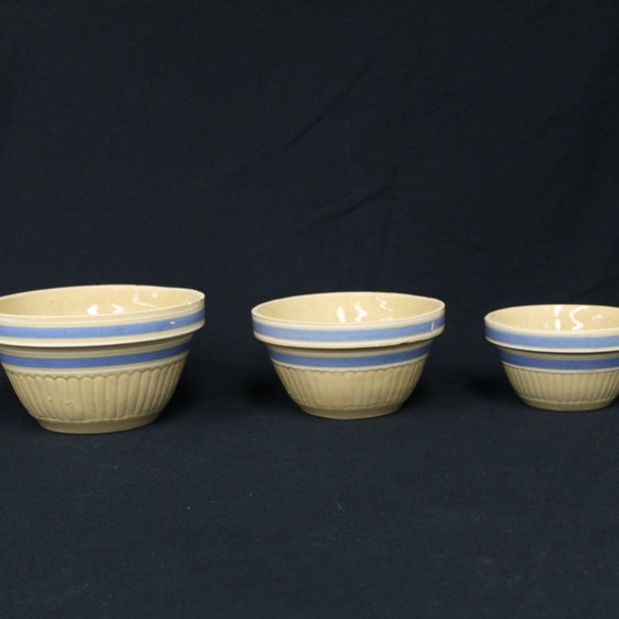 Vintage Stoneware Crock Ceramic Beige Ribbed and Blue Striped - Etsy