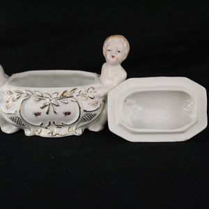 Vintage Porcelain Cherub Trinket Box With Pink Rose Knob and Gold ...