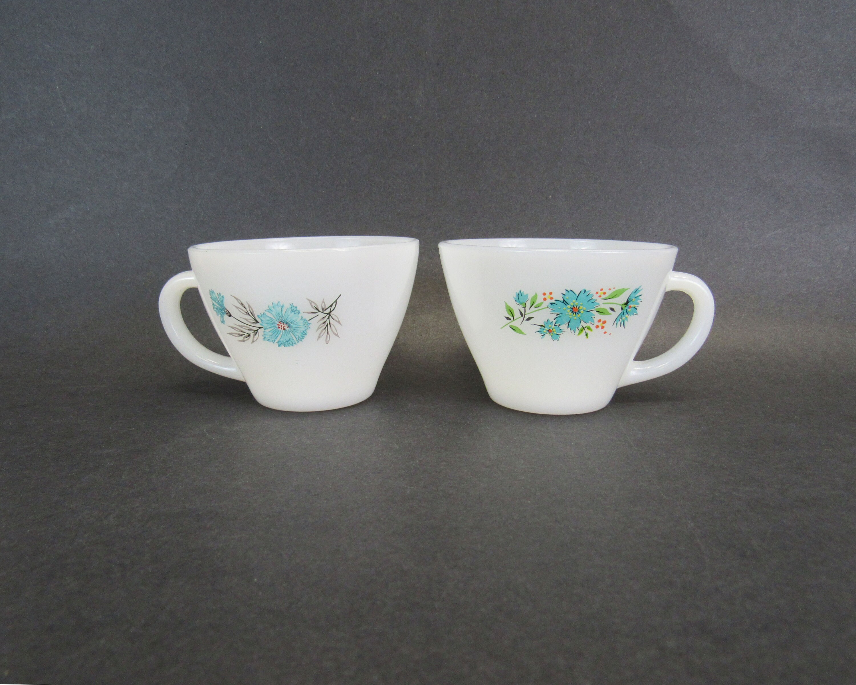 Vintage Fire King Mixed Blue Floral Milk Glass Tea Cups Set | Etsy