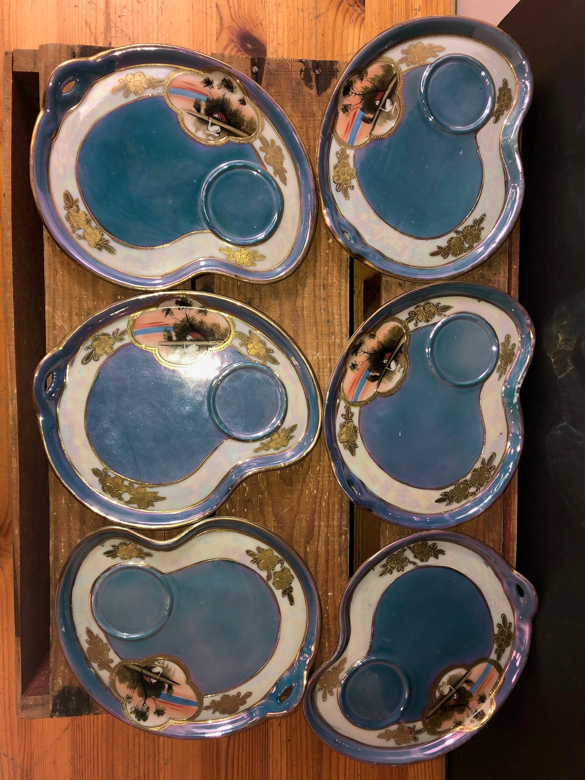 Vintage Blue Lustreware Luncheon Plates W/swan Scene, Set of 6 (V348 ...