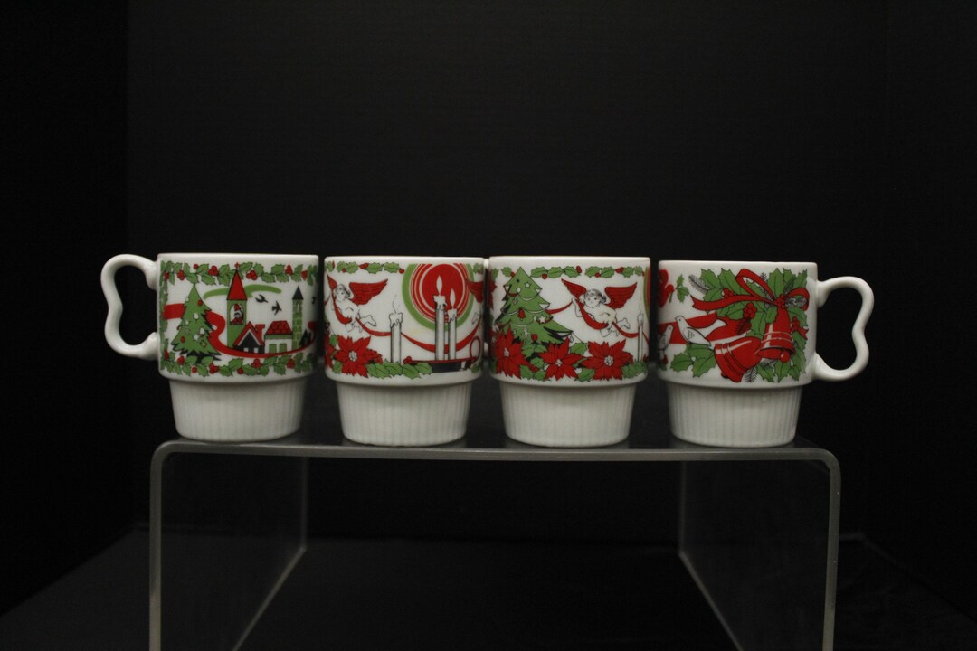 Vintage Poinsettia and Angels 1970's Coffee Cups Stackable Set of Four ...