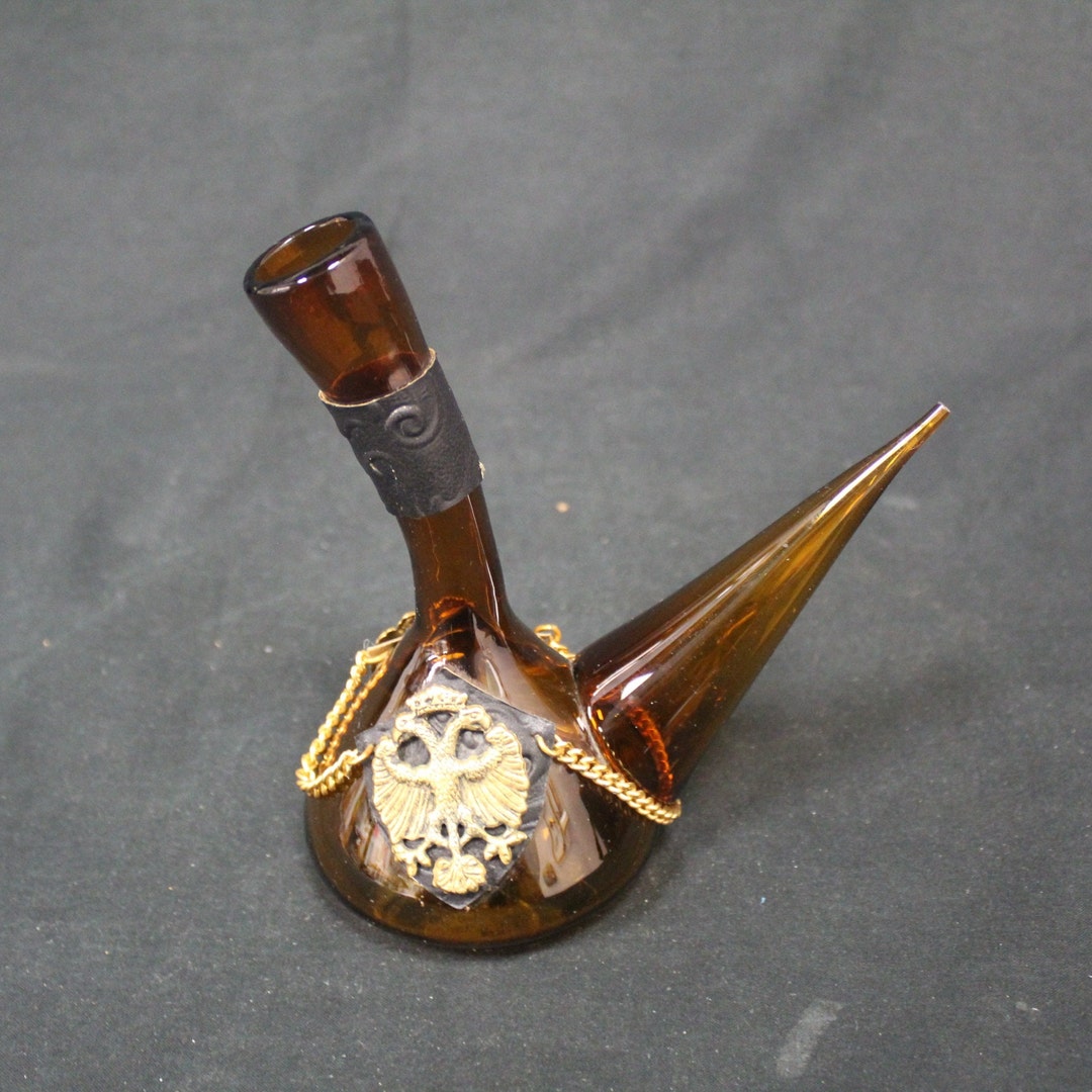 Vintage Russian Porron Brown Glass Pointed Spout Gold Badge Decanter ...