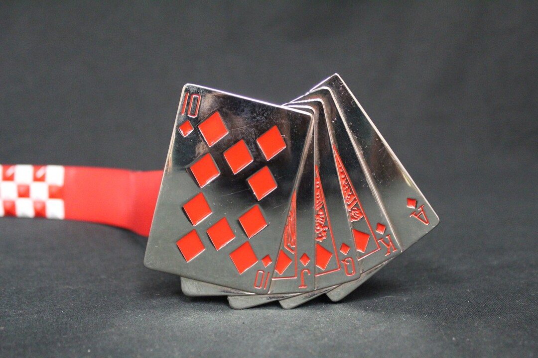 Vintage Red & White Checkered Belt W/ Metal Playing Cards Buckle (V2197 ...