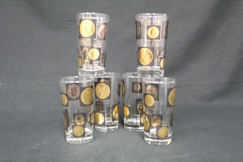 Vintage MCM Gold and Black International Coin Cocktail Glasses Set of ...