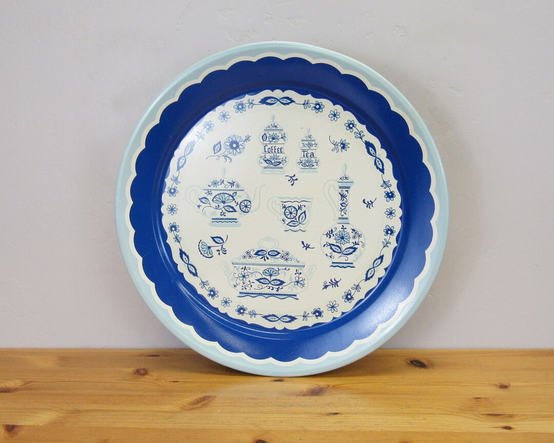 Vintage Large Round Metal Tray With Blue and White Tea Set Designs ...