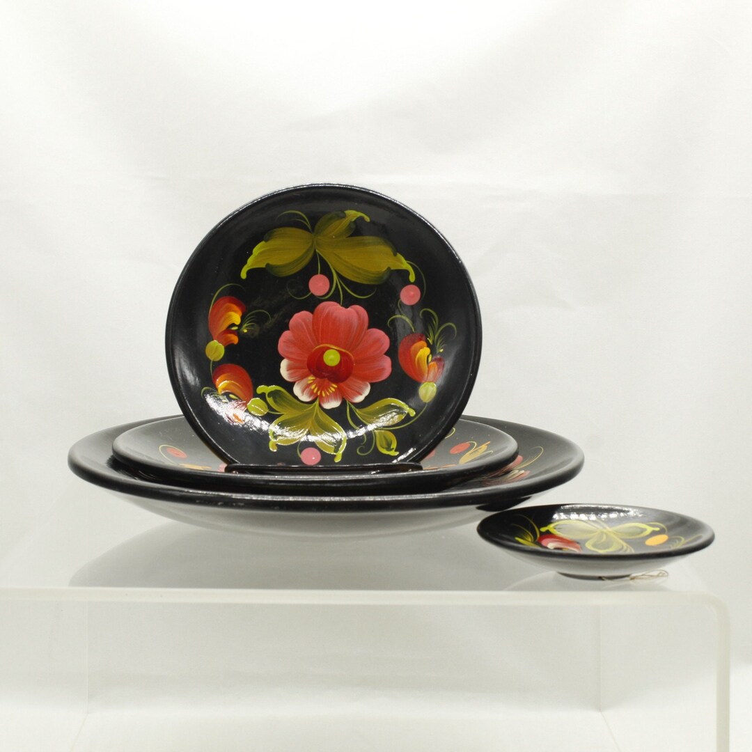 Vintage Russian Khokhloma Hand Painted on Black Lacquered Wood Set of ...