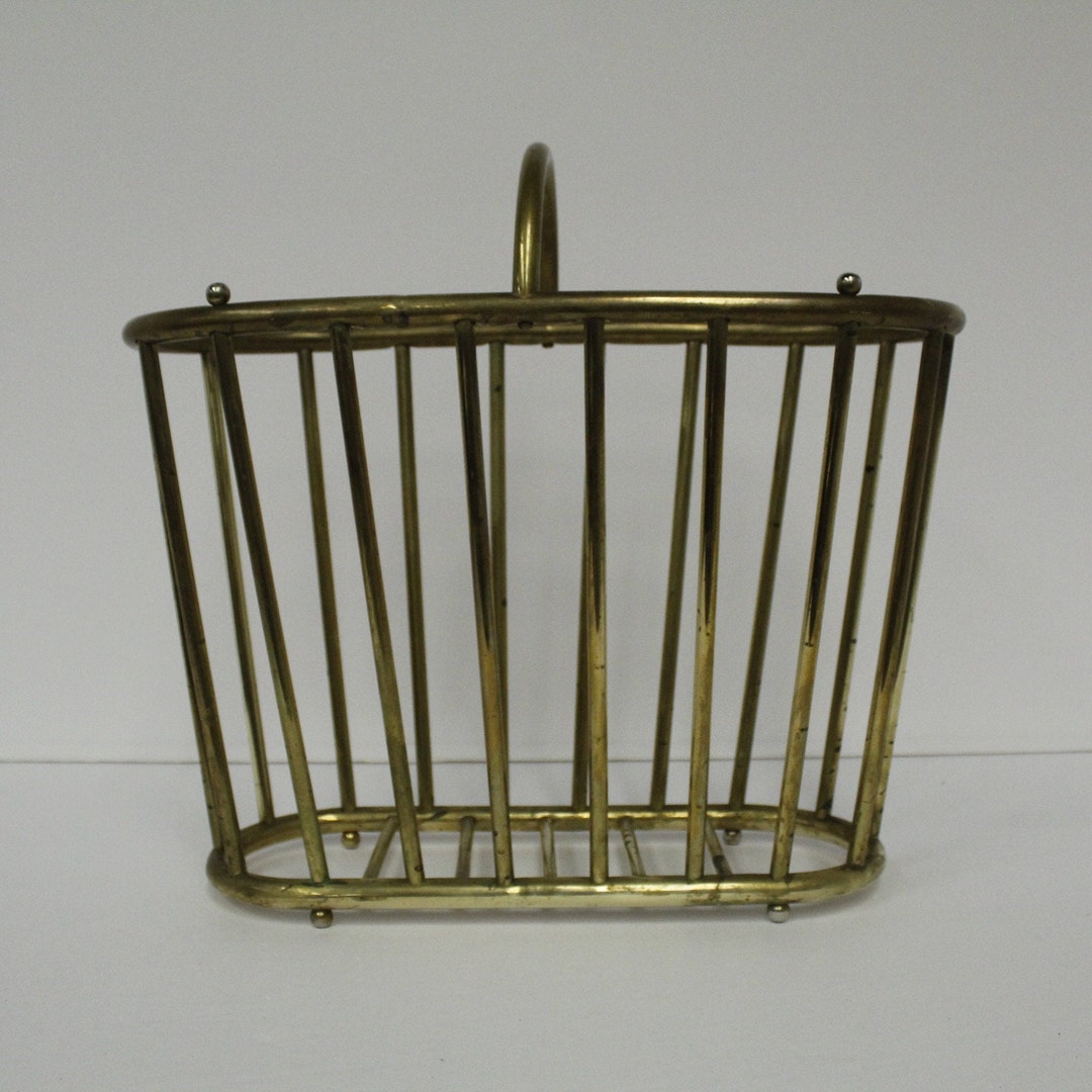 Vintage Mid Century Brass Patina Oval Magazine Rack With Handle (V7132 ...