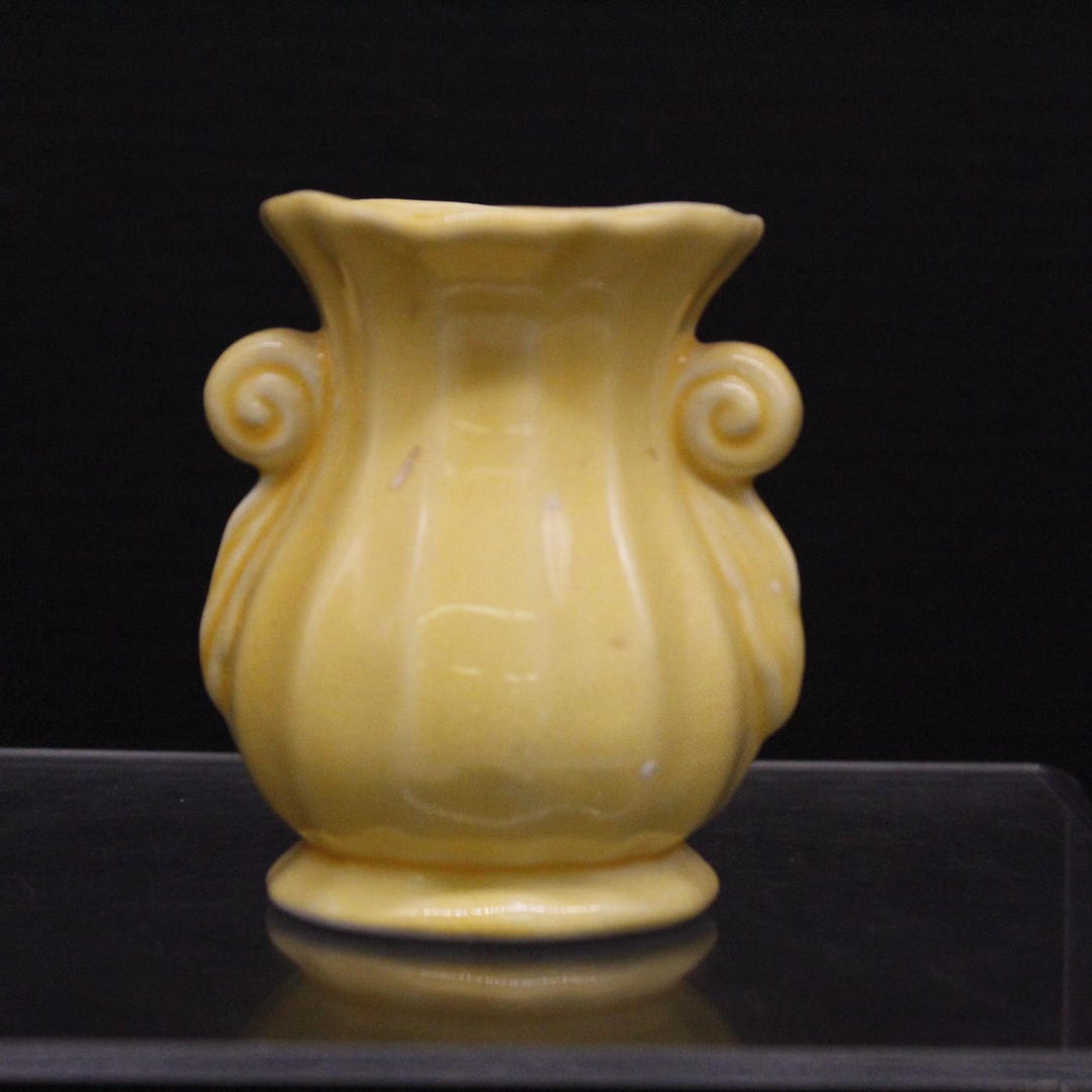 Vintage USA Pottery Sculpted Small Yellow Vase With Curled Handles ...