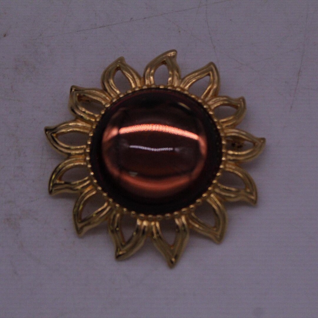 Vintage Large Dark Peach/amber Stone Brooch With Gold Tone Petals ...