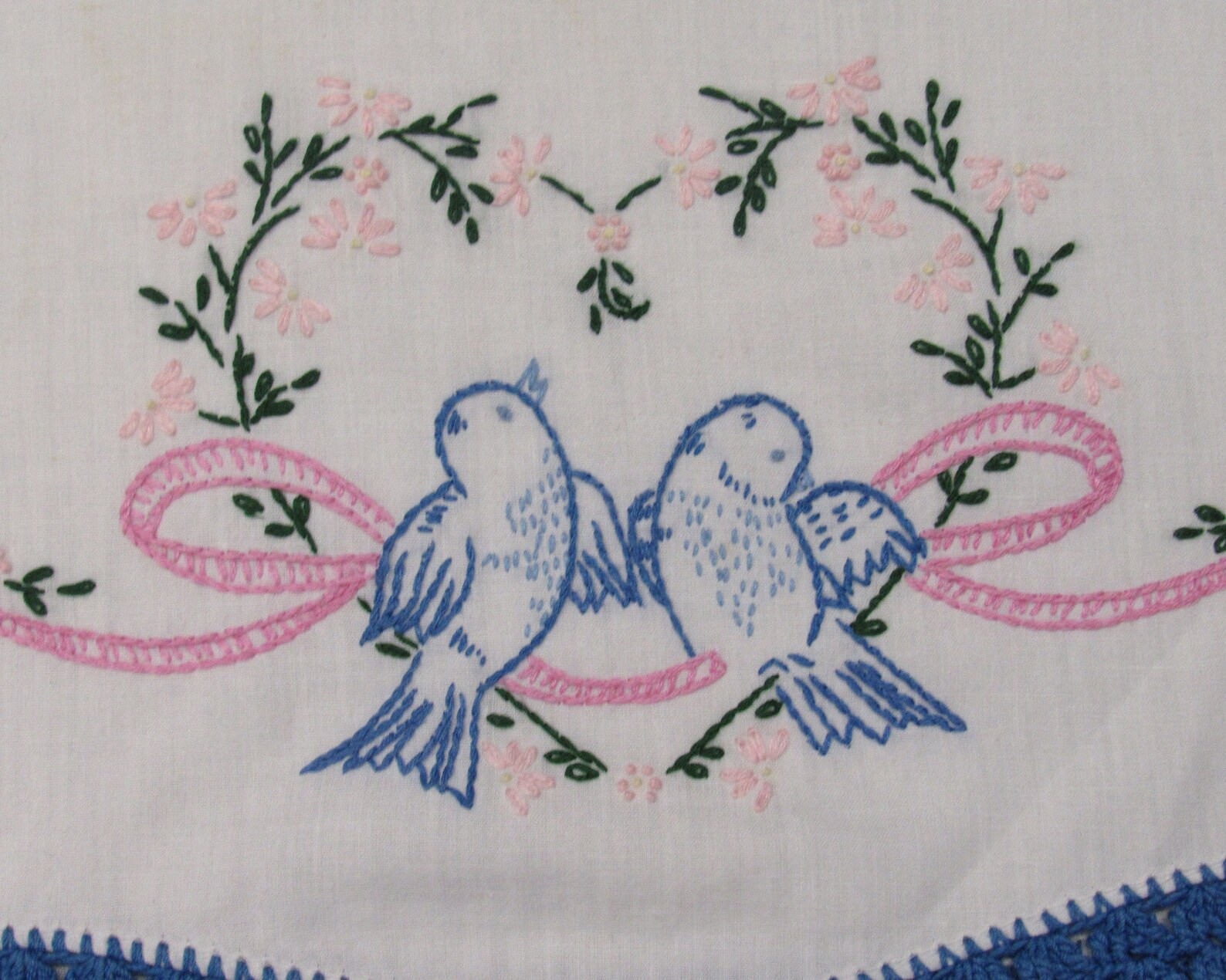Vintage Hand Embroidered Blue Bird Pillowcase With Crocheted - Etsy