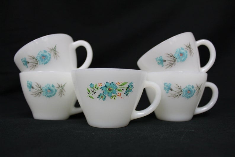Vintage Fire King Mixed Blue Floral Milk Glass Tea Cups Set | Etsy
