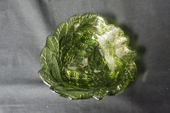 Vintage Pressed Triangular Green Glass Bowl With Grape & Leaf | Etsy