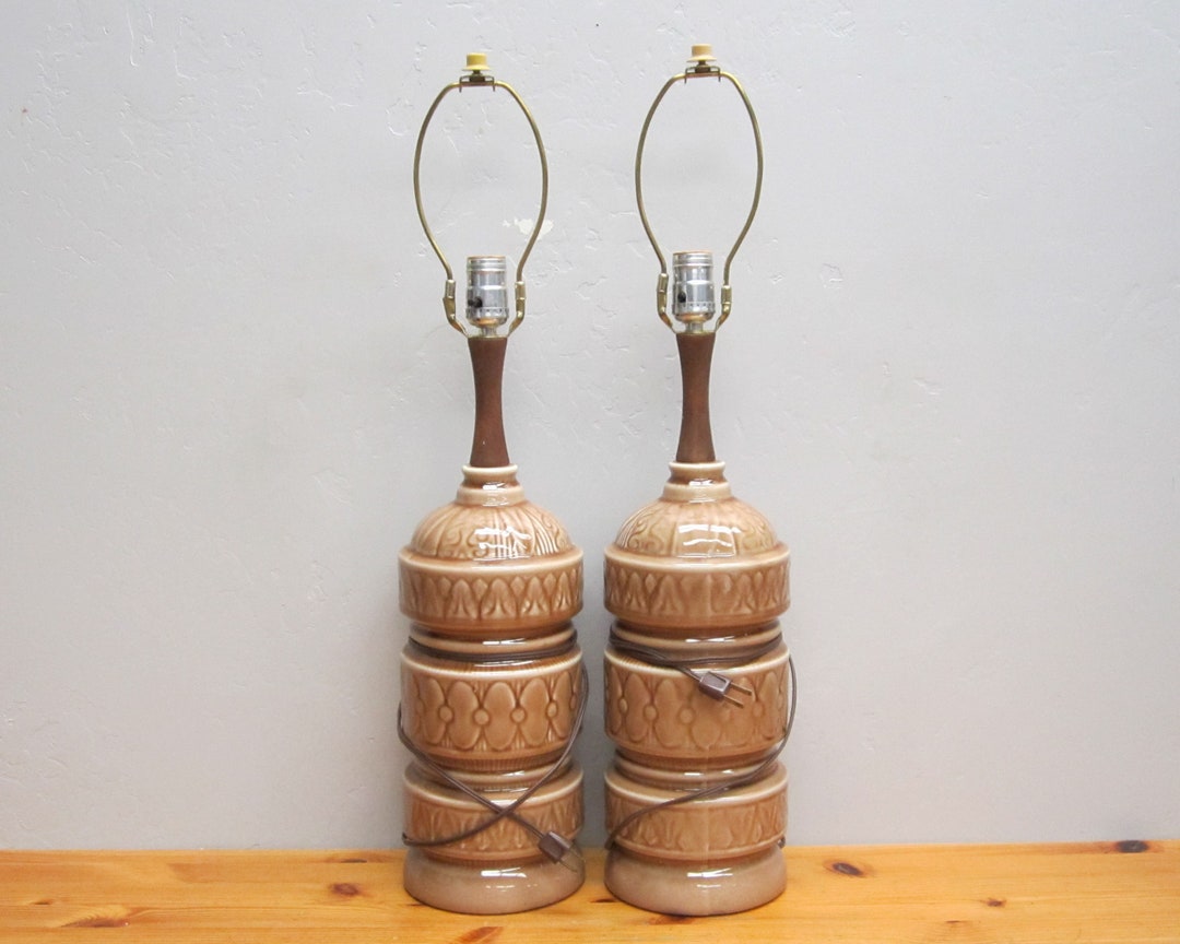 Vintage Brown Ceramic Table Lamps With Embossed Patterns, Set of 2 ...
