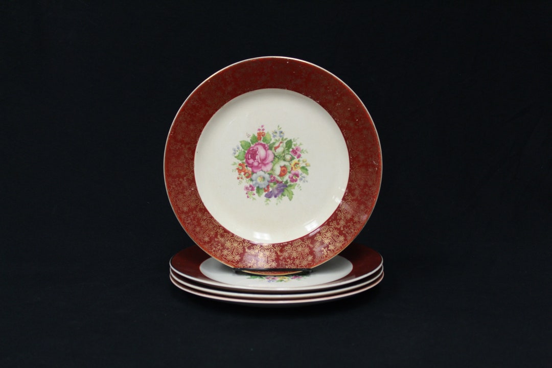 Vintage Burgundy Border Salem China Floral Dinner Plates With 23k Gold ...