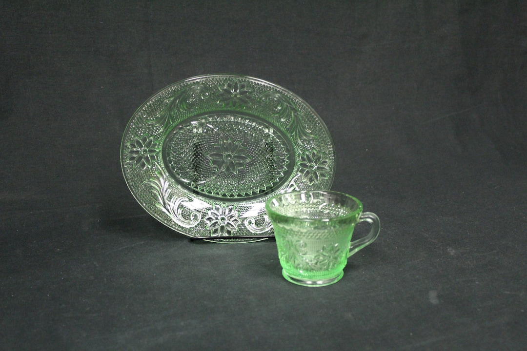 Vintage Green Glass Crystal Chantilly Snack Set Cup and Saucer Plate ...