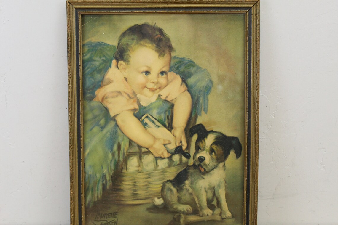 Vintage Laurette Patten 'everybody Likes It' Baby & Dog Framed Print ...