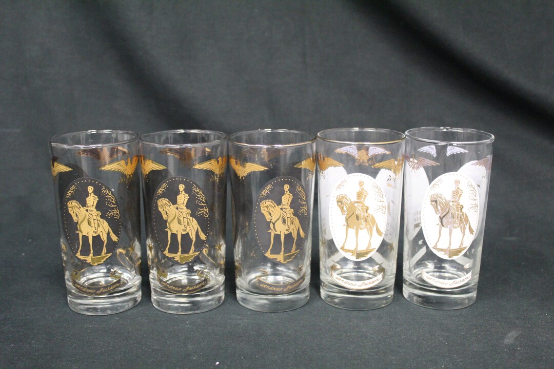 Vintage Andrew Jackson Black, Gold and White Bar Drinking Glasses ...
