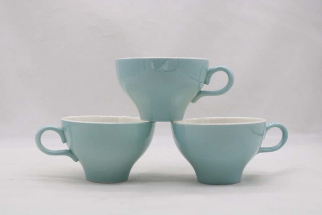 Vintage Mid Century Turquoise Tea Cups With White Interior, Set of 3 ...