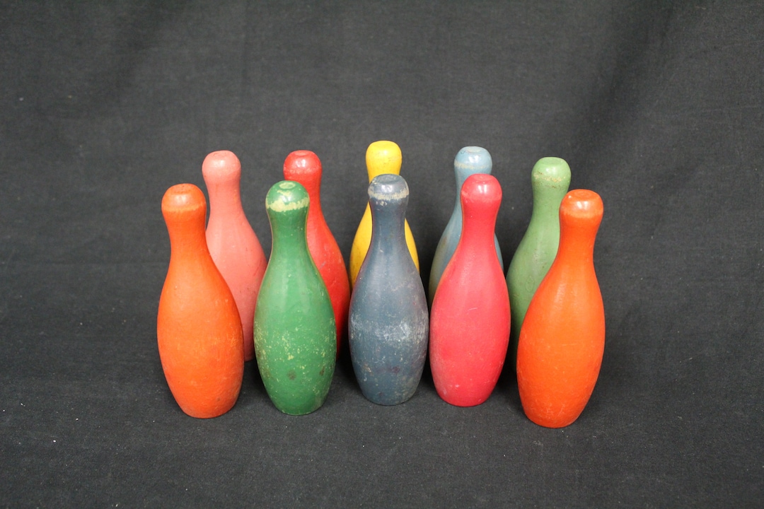 Vintage Multicolored Miniature Wooden Bowling Pins, Set of 10 (V3605 ...