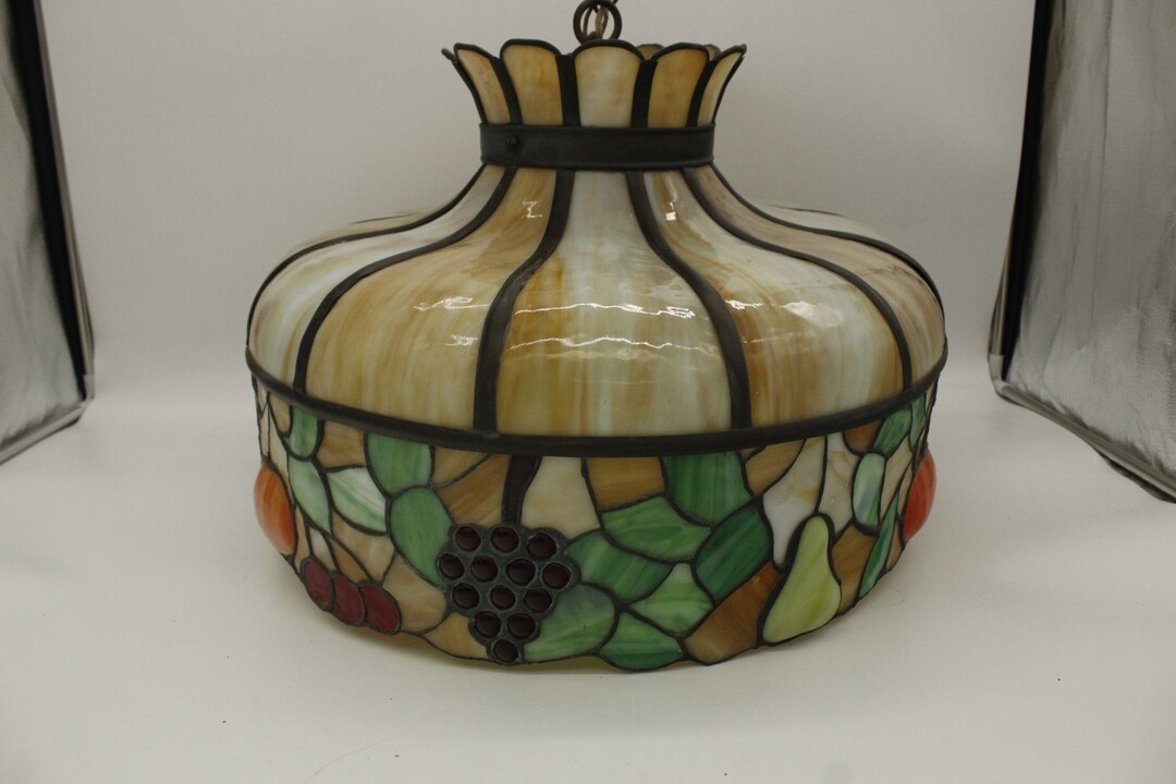 Vintage Stained Glass Amber W/ Fruit Decal Hanging Ceiling Light (V9173 ...