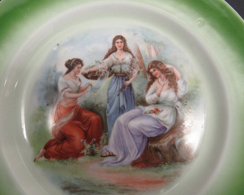 Vintage Bright Green Victorian Decorative Plate With Three Women ...