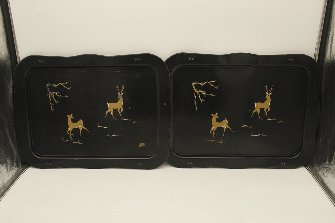 Vintage Deer on Black With Gold Tone Detailtv Trays Set of Two - Etsy